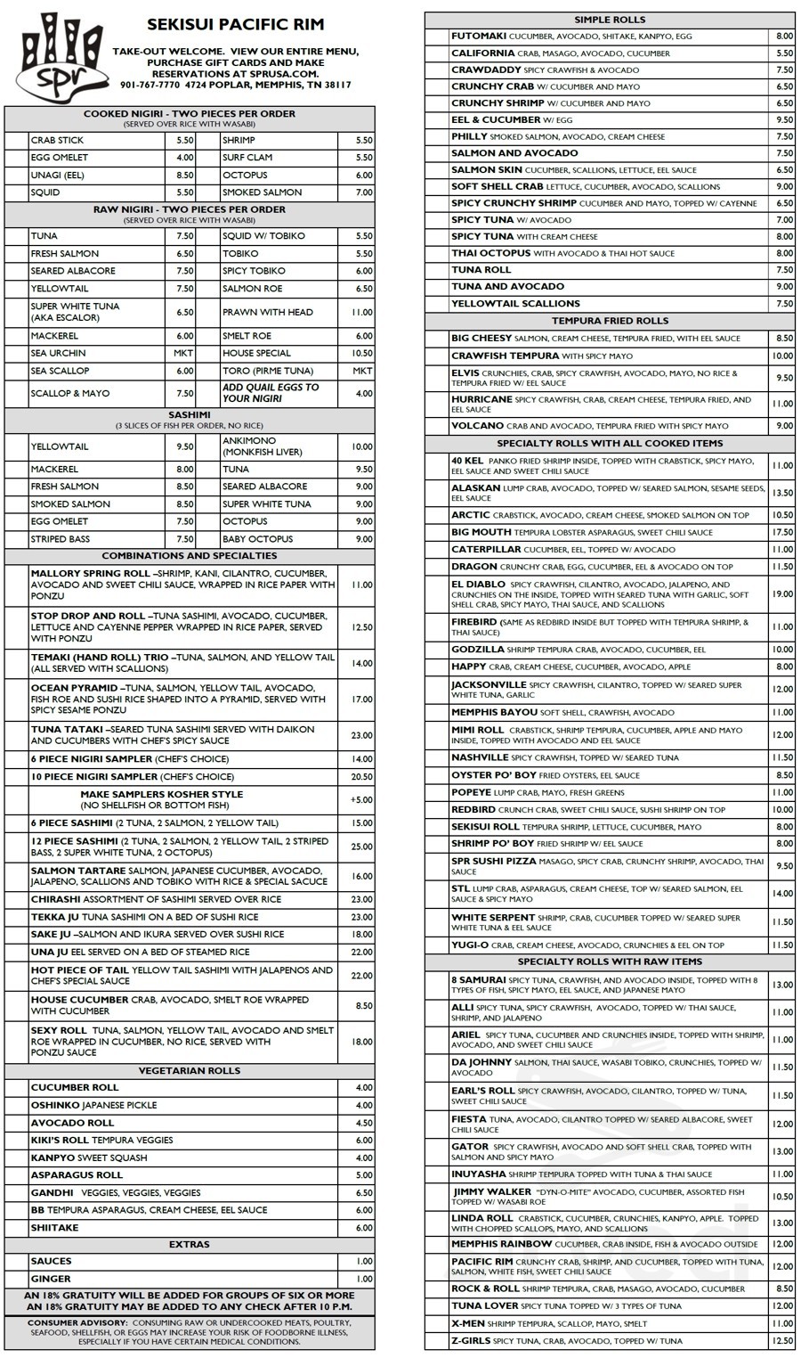 Menu - Memphis TN's Sekisui Pacific Rim | Sirved