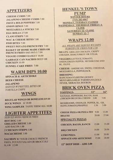 Henkel's Town Pump menu in Rhinelander, Wisconsin, USA