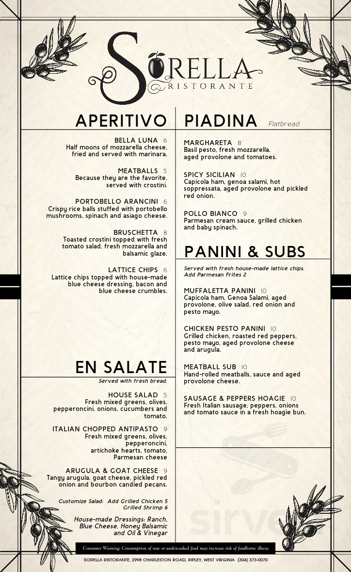 Sorella Ristorante menu in Ripley, West Virginia, USA
