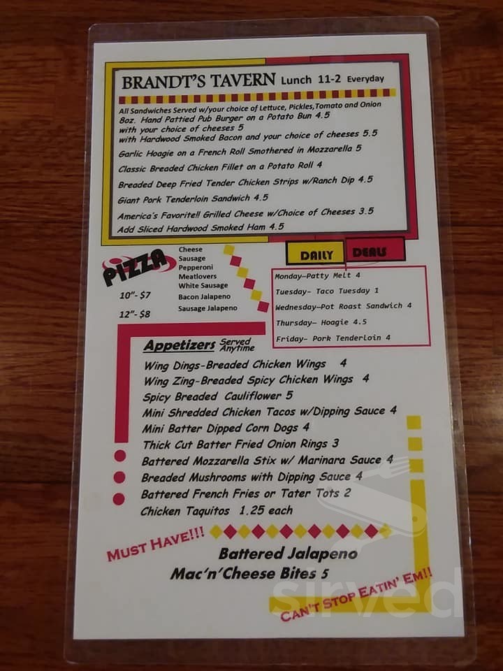 Brandt's Tavern Bar and Grill menu in Morris, Illinois, USA