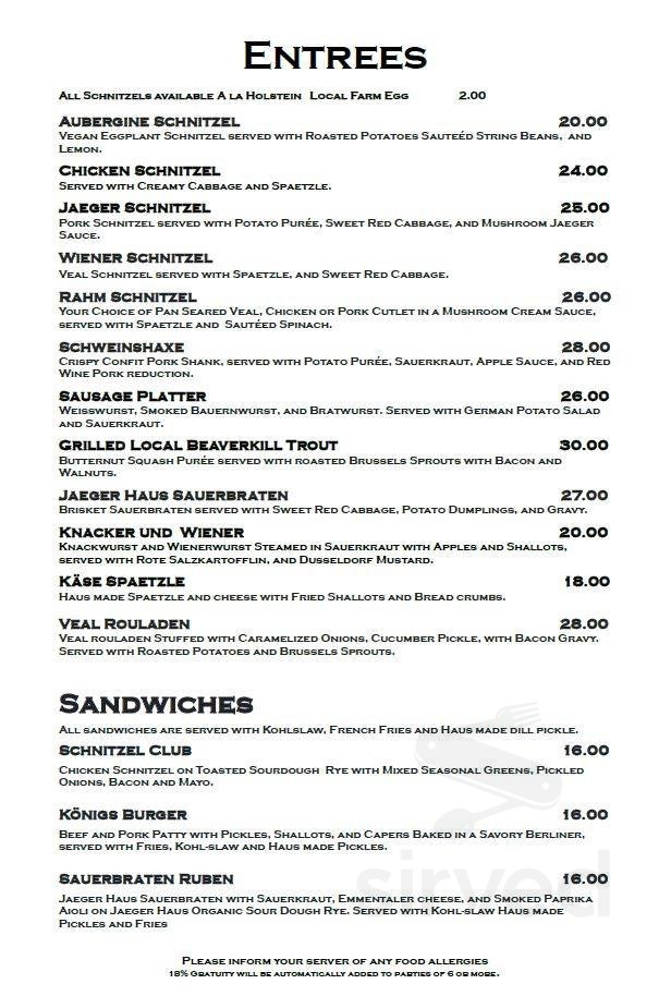 Jaeger Haus menu in Tivoli, New York, USA