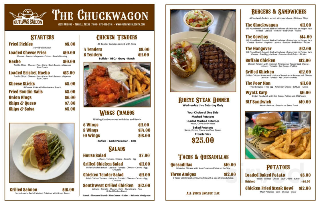 Outlaws Saloon menu in Terrell, Texas, USA