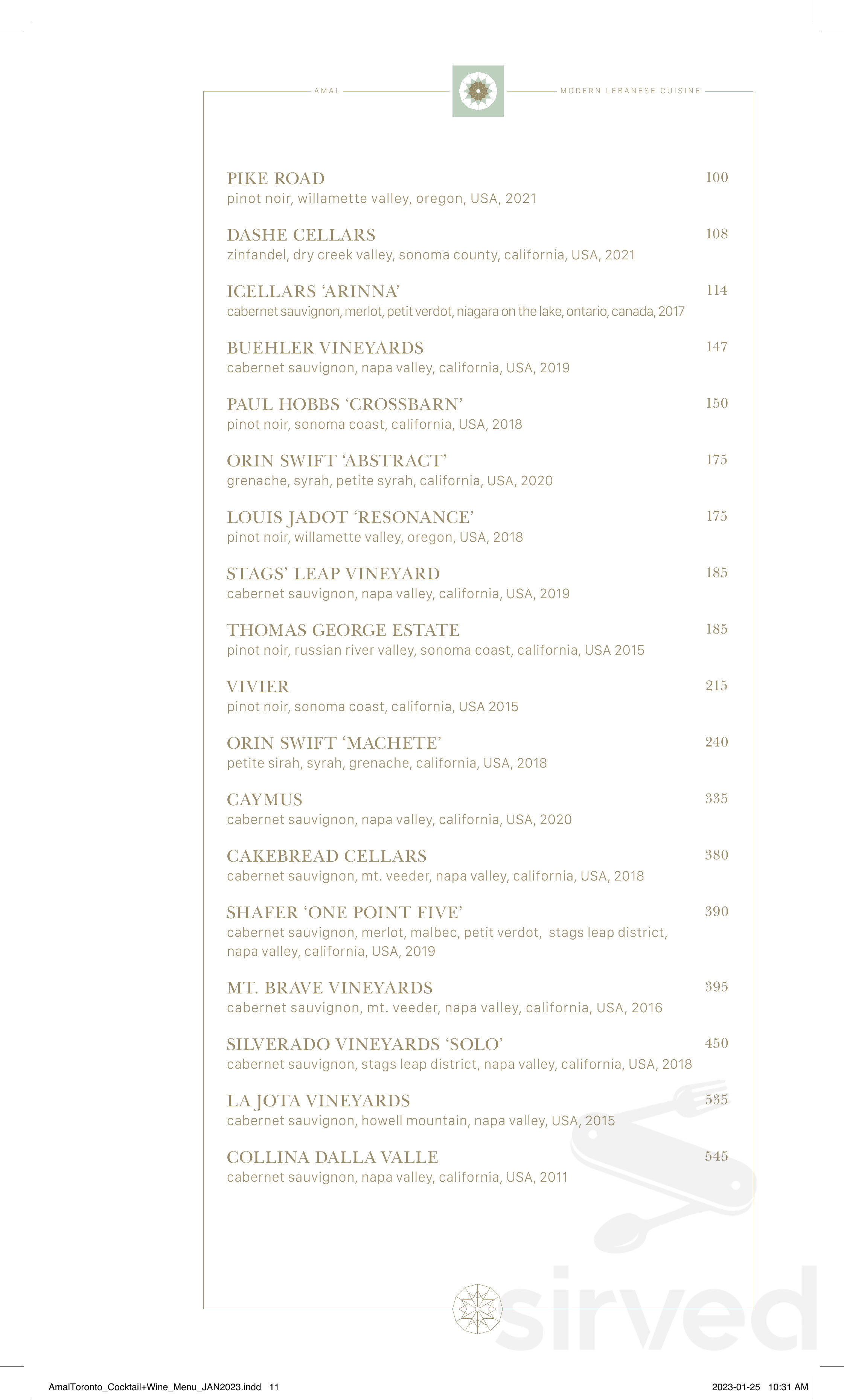 Menu - Toronto ON's Amal Toronto | Sirved