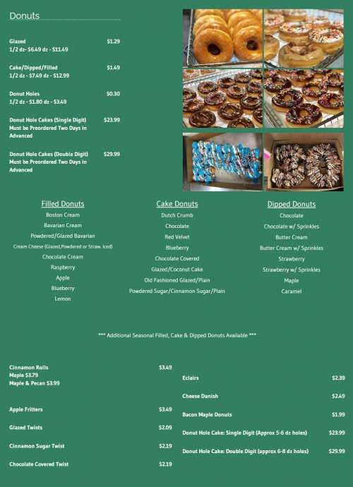 Donut Country menu in Murfreesboro, Tennessee, USA