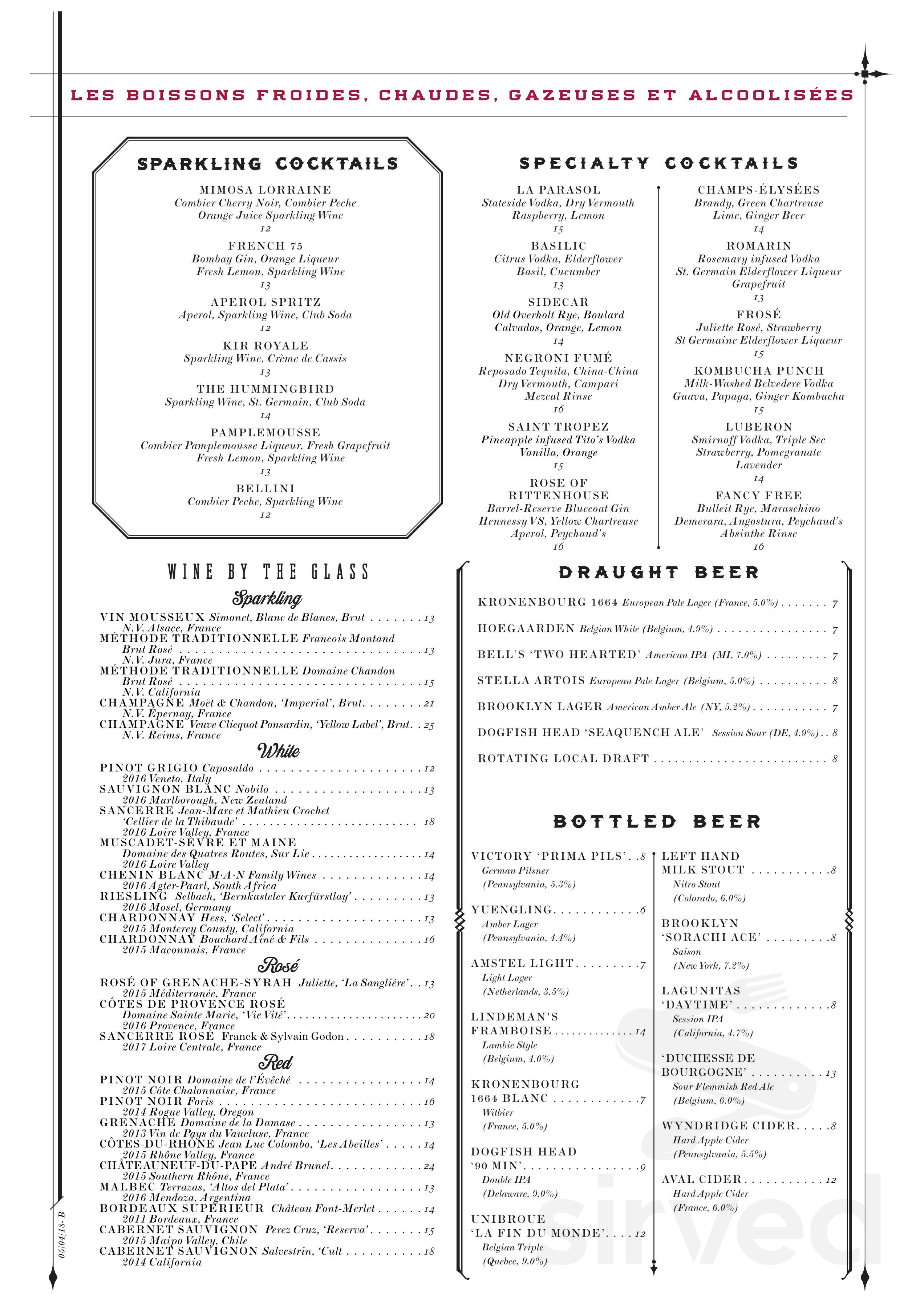 Parc menu in Philadelphia, Pennsylvania, USA