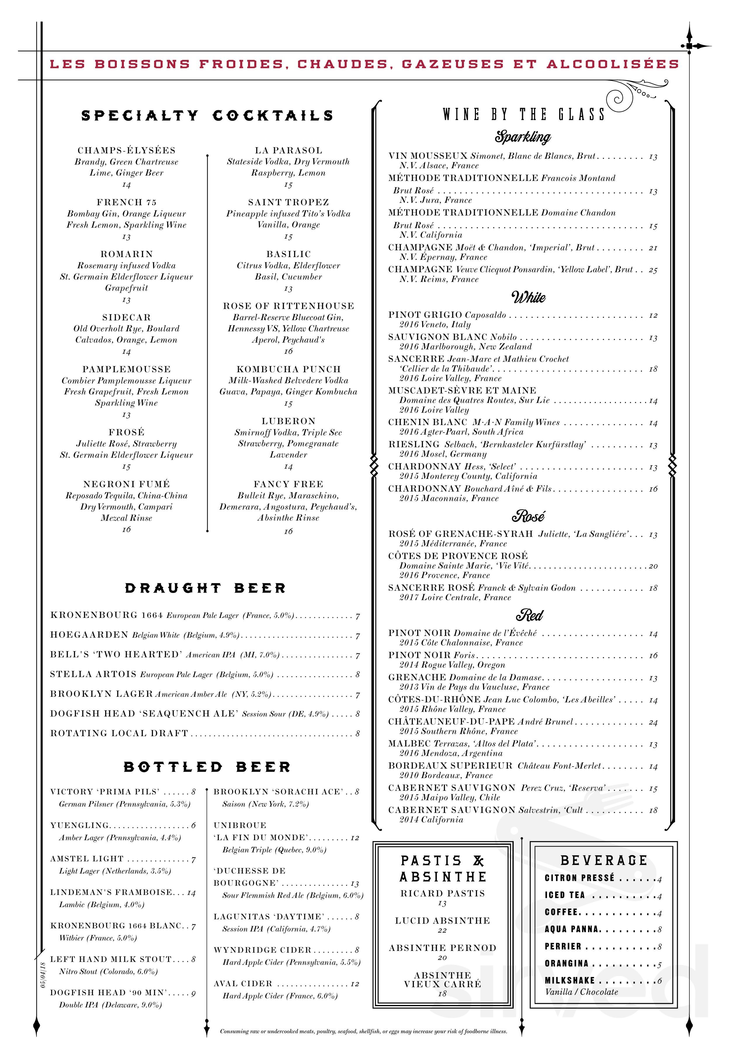 Parc menu in Philadelphia, Pennsylvania, USA
