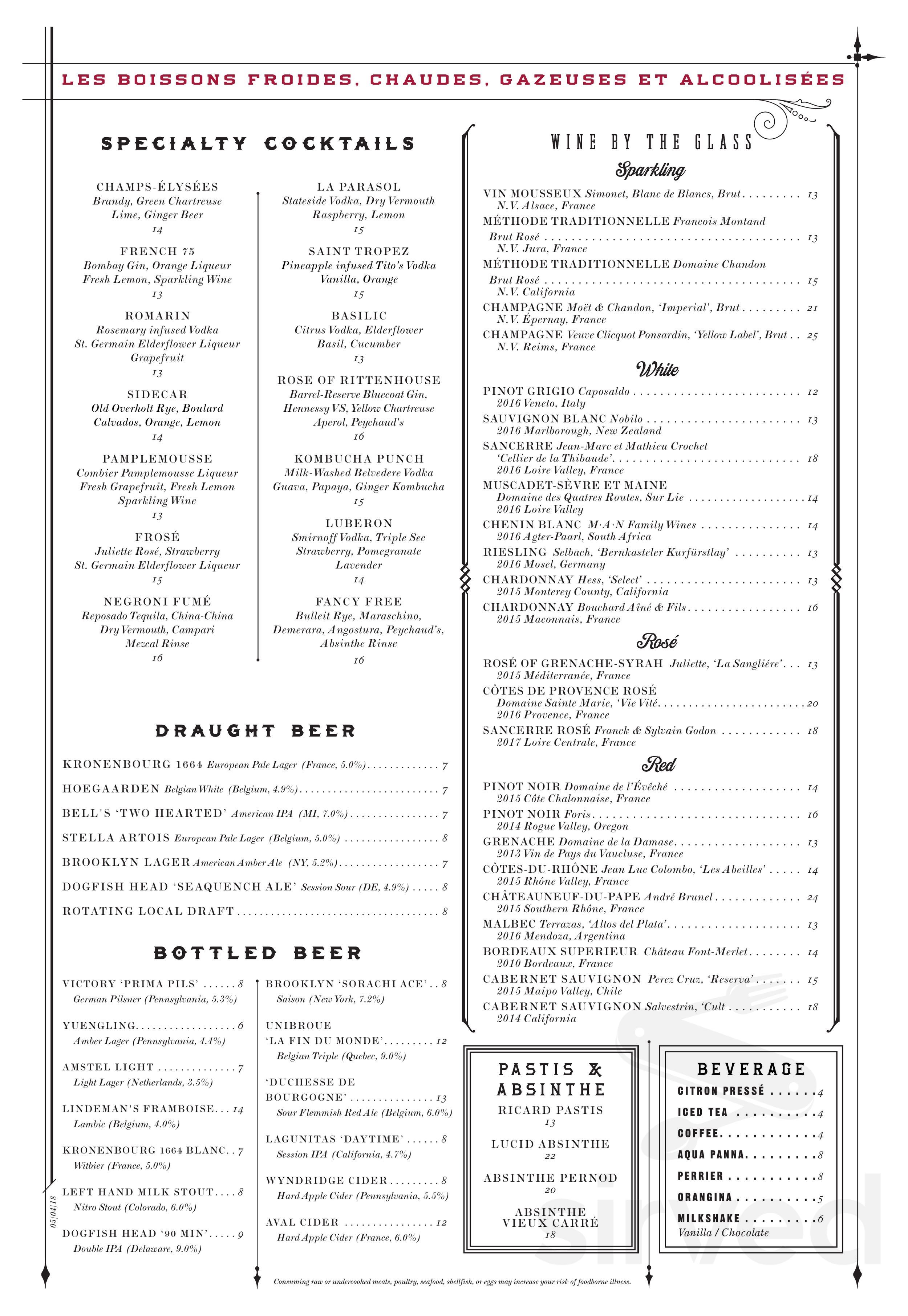Parc menu in Philadelphia, Pennsylvania, USA