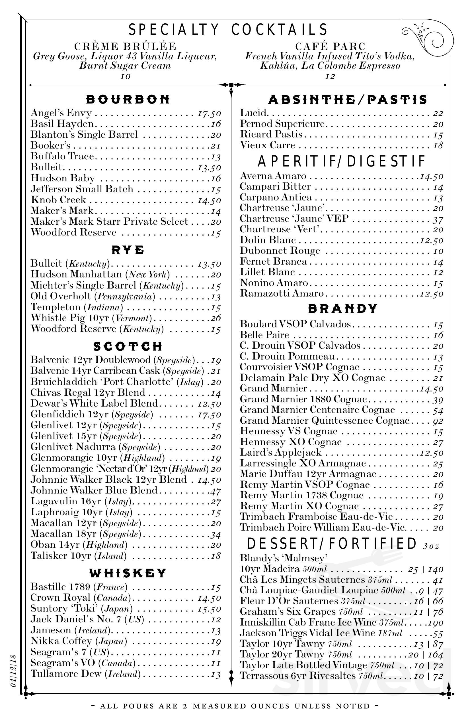 Parc menu in Philadelphia, Pennsylvania, USA