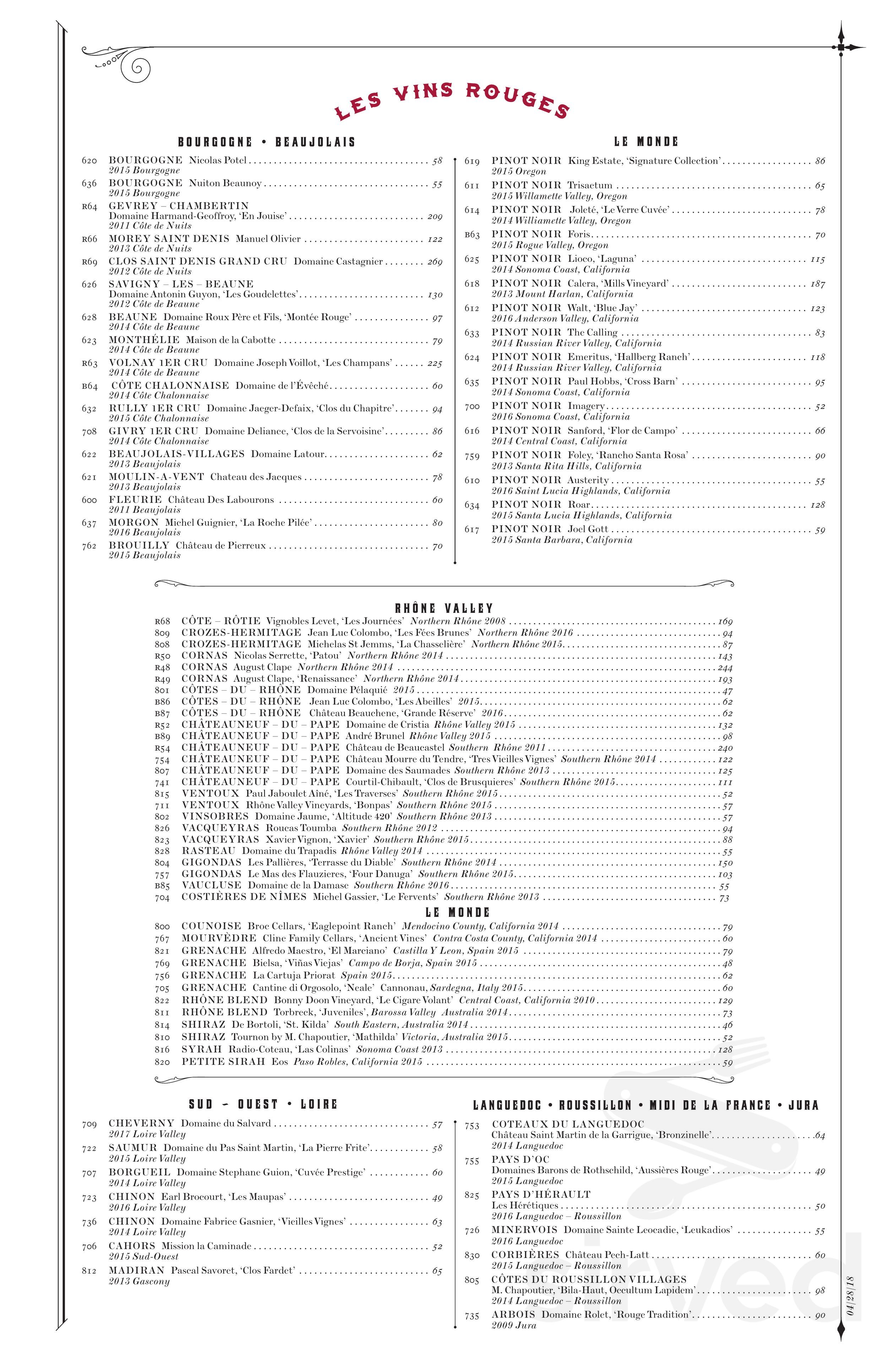 Parc menu in Philadelphia, Pennsylvania, USA