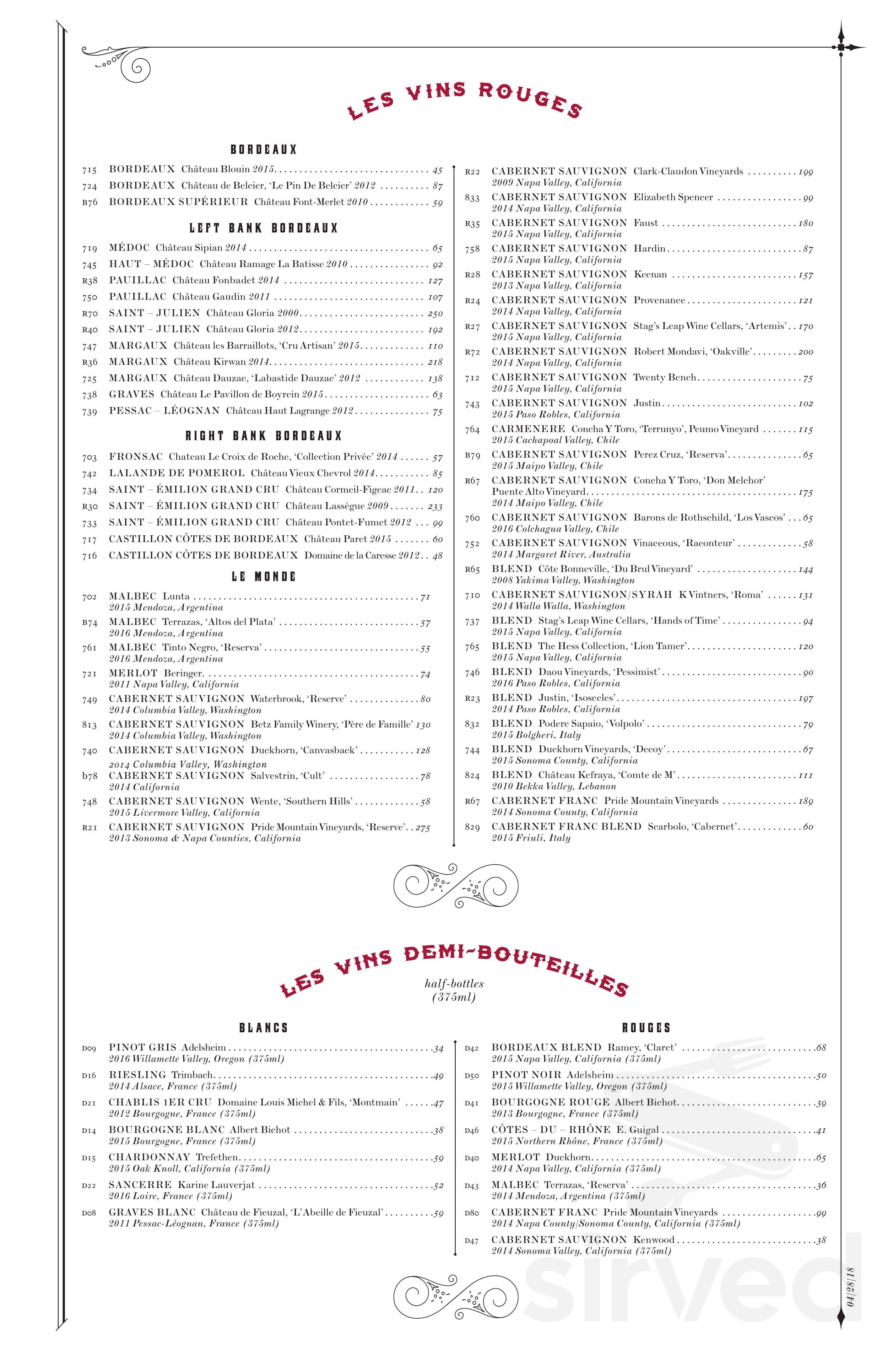 Parc menu in Philadelphia, Pennsylvania, USA