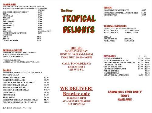 Tropical Delights menu in Brawley, California, USA