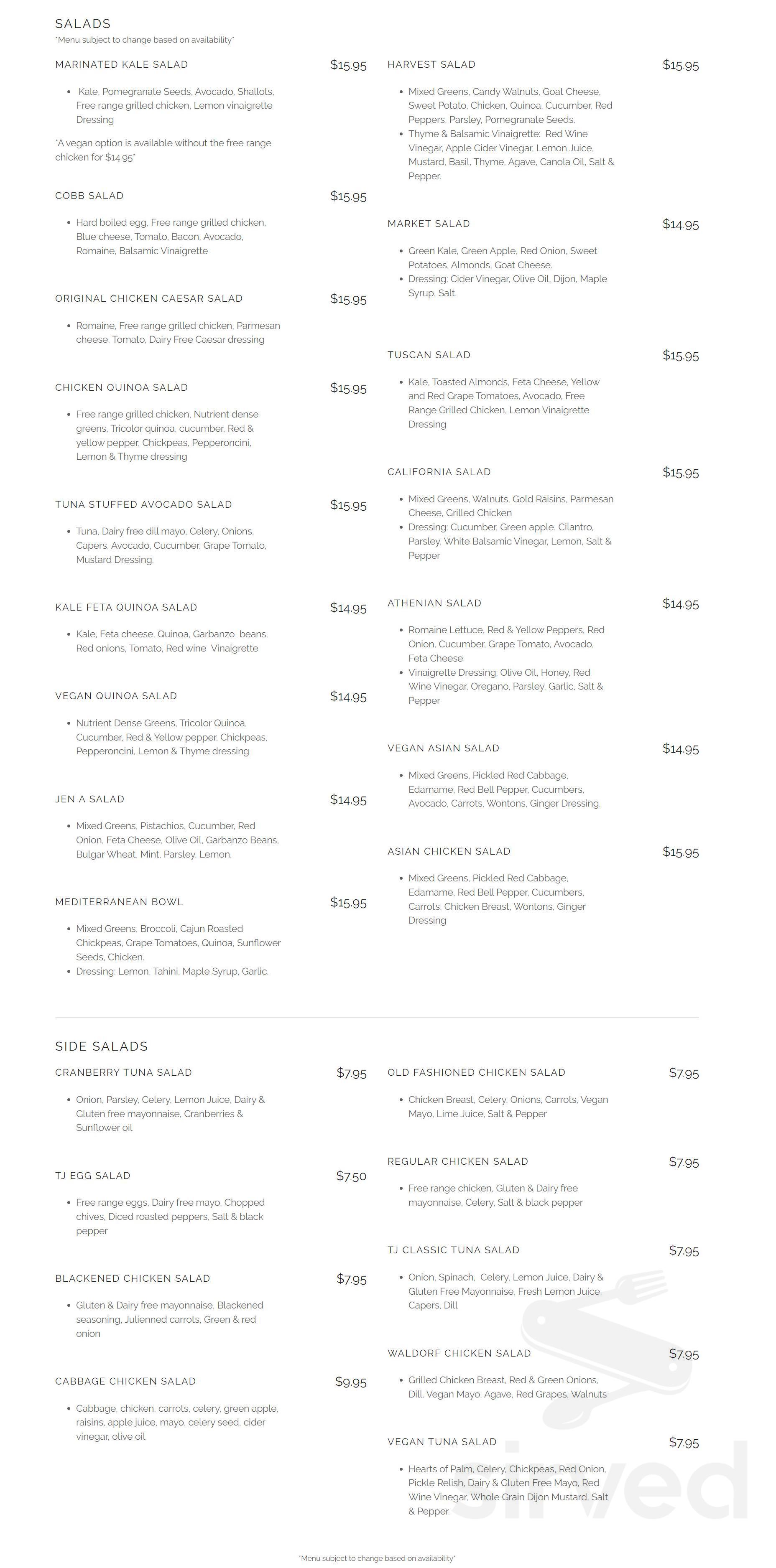 True Juice menu in Winnetka, Illinois, USA