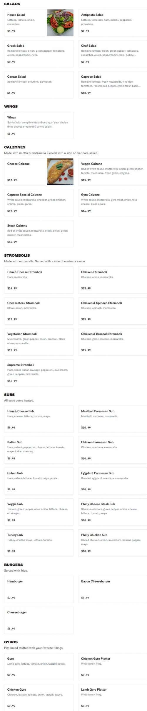 Caprese Pizza House menu in Wesley Chapel, Florida, USA