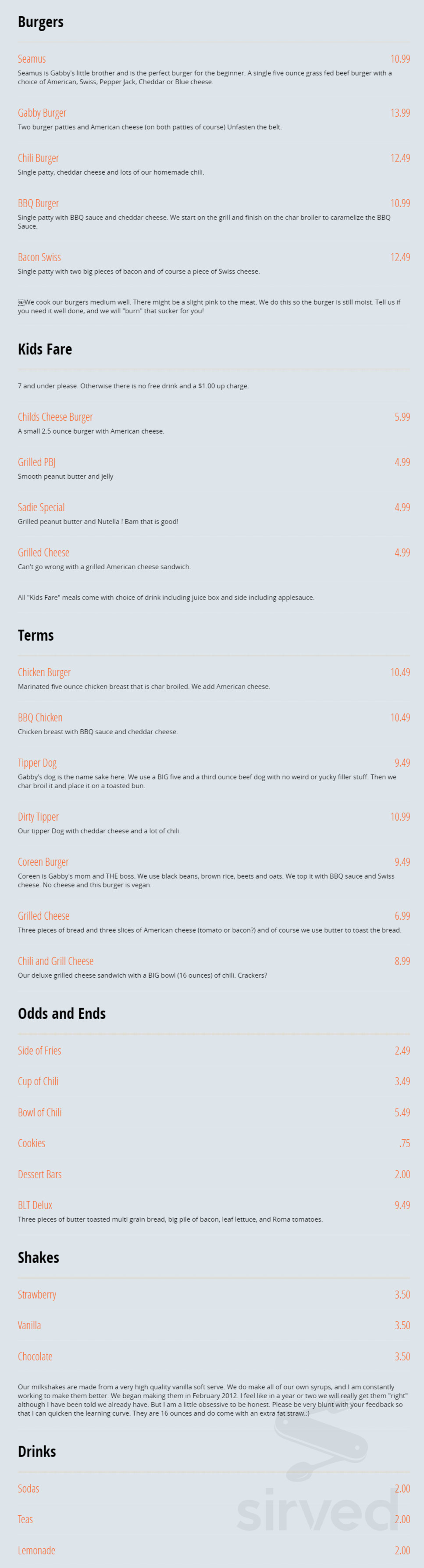 Gabby's Burgers & Fries menu in Nashville, Tennessee, USA