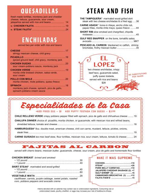 Superica menu in Charlotte, North Carolina, USA