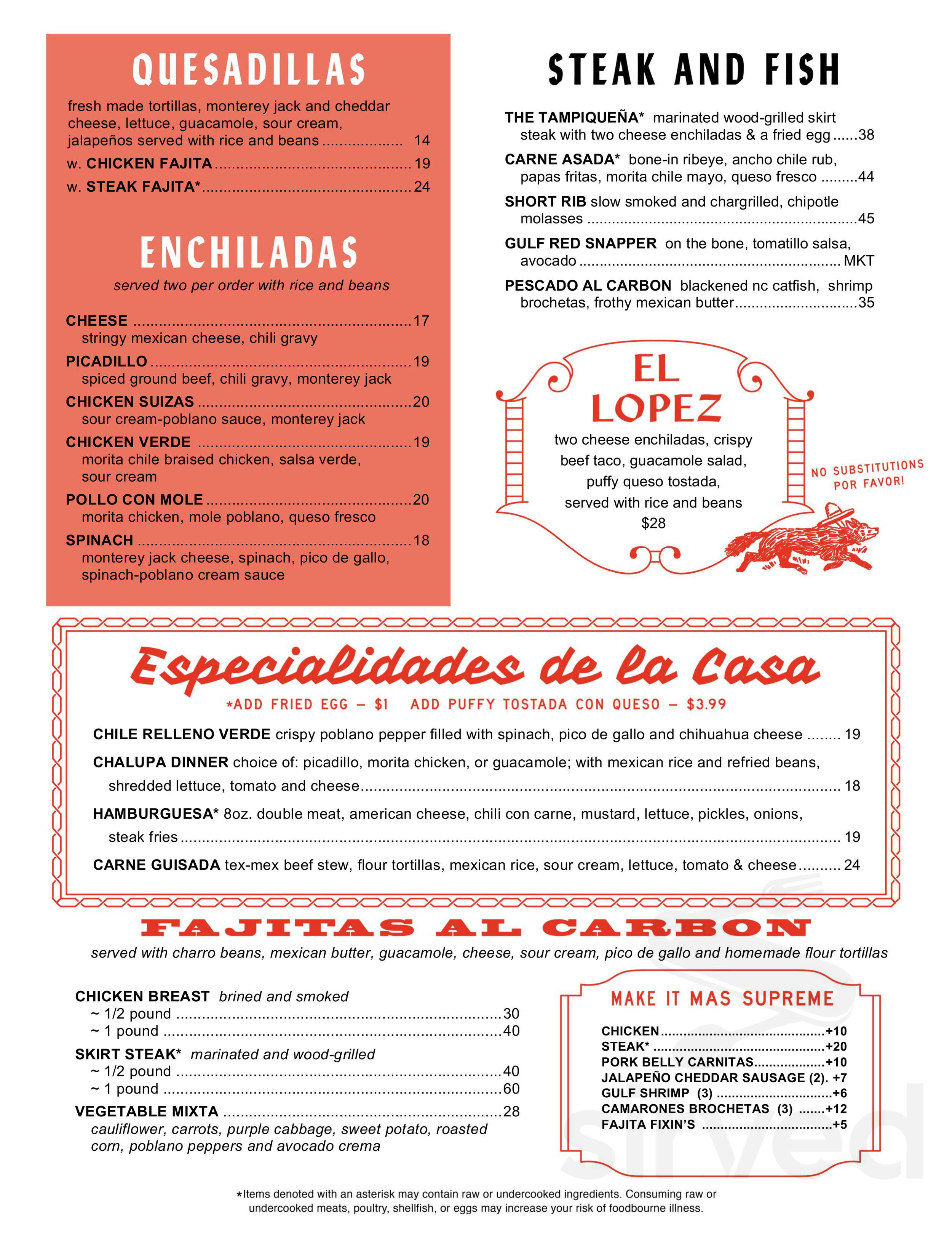 Superica menu in Charlotte, North Carolina, USA
