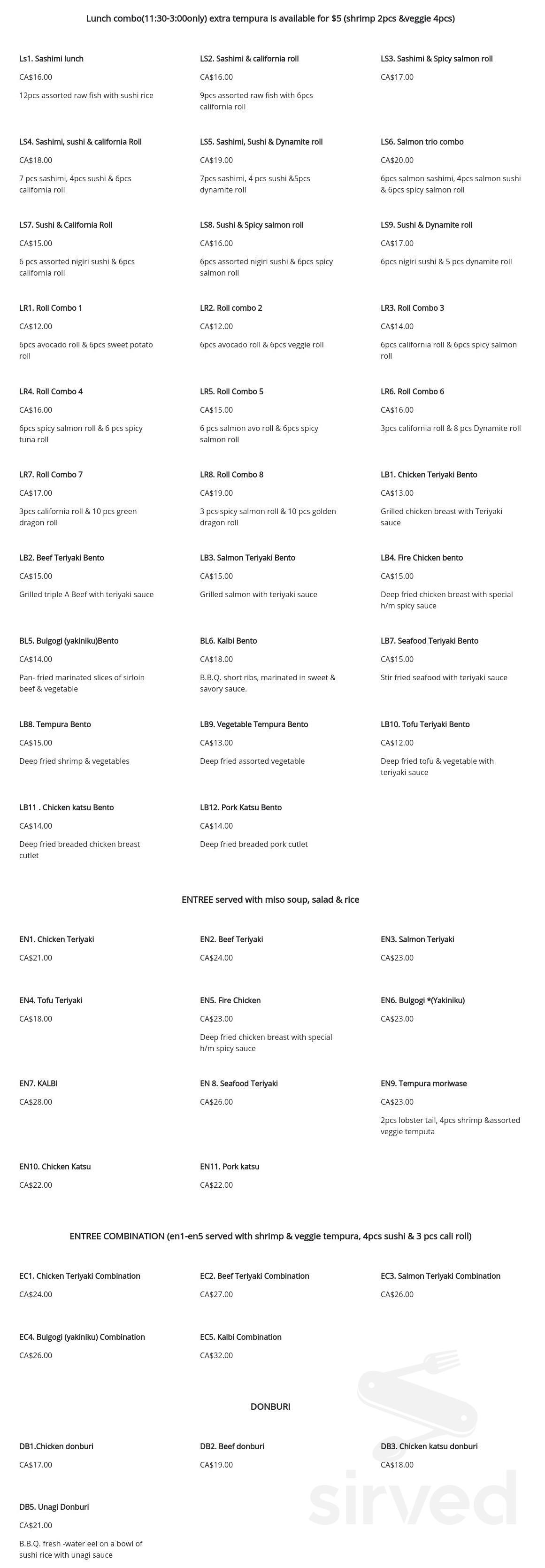 Unome sushi menu in Richmond Hill, Ontario, Canada