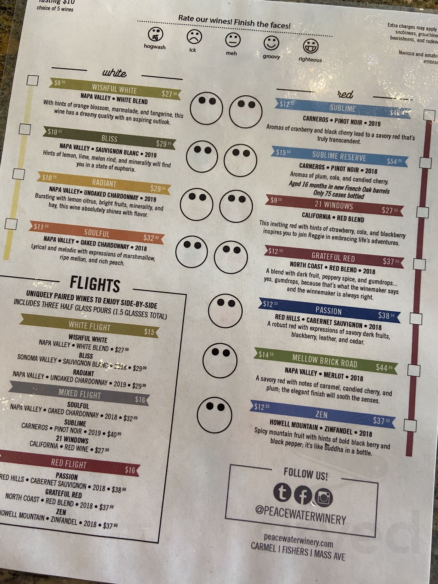 Peace Water Winery menu in Carmel, Indiana, USA