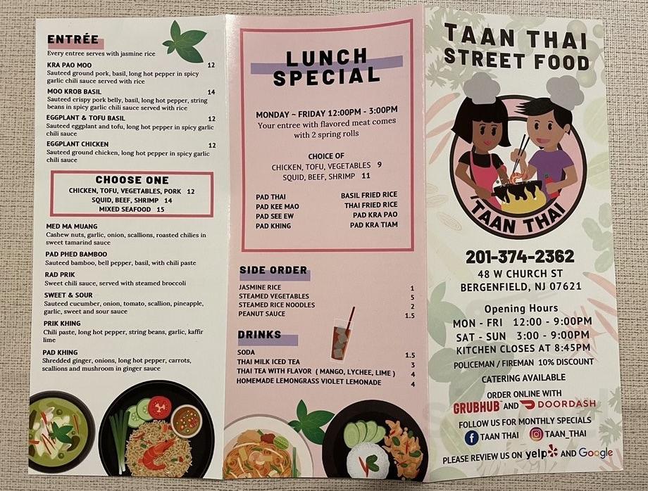 Taan Thai restaurant menu in Bergenfield, New Jersey, USA