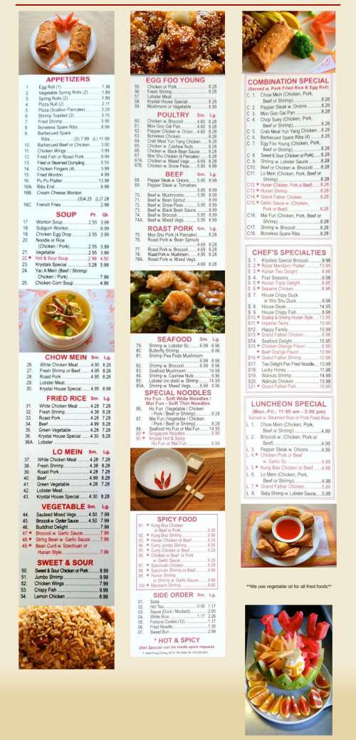 Krystal Vy menu in Williamstown, New Jersey, USA
