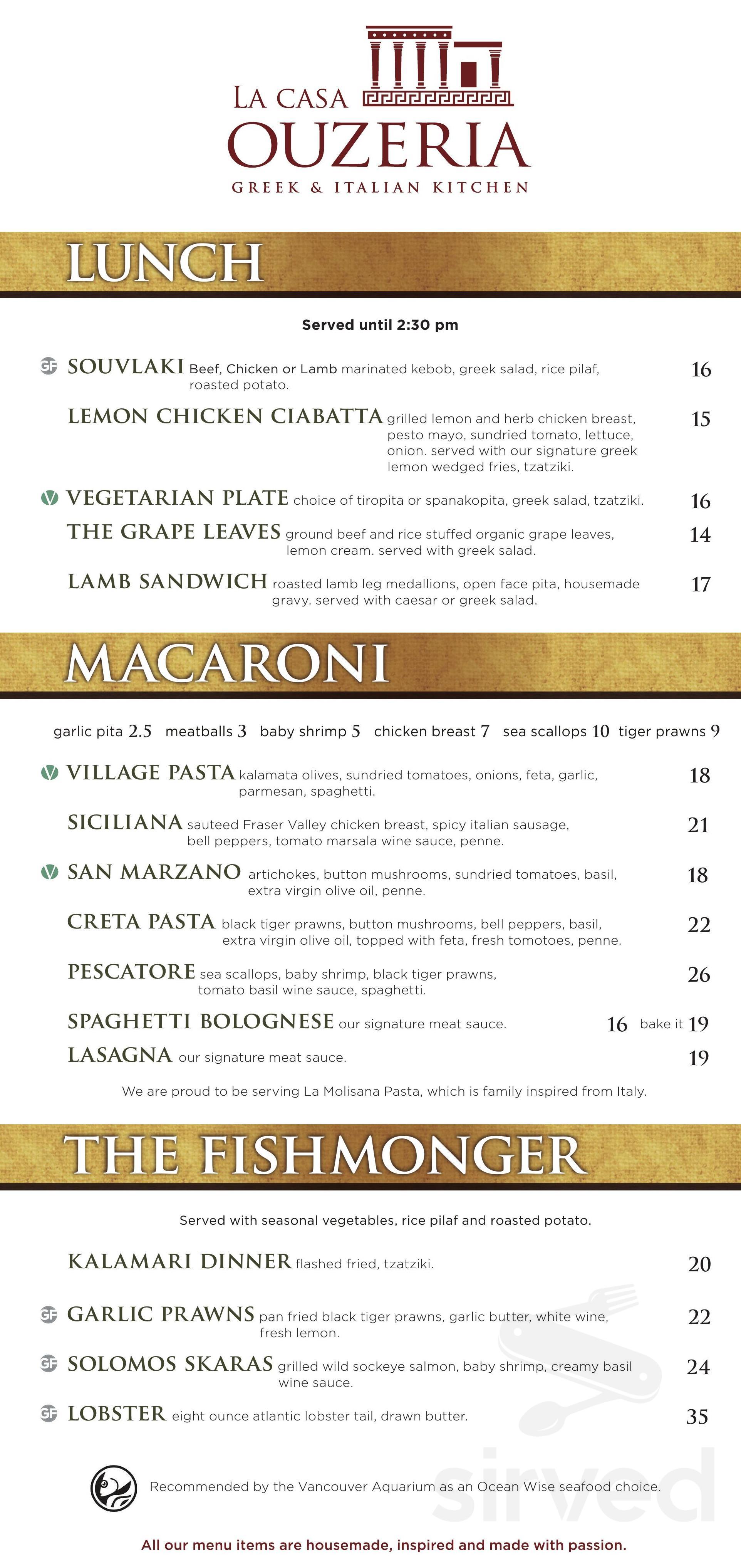 La Casa Ouzeria Restaurant menu in Penticton, British Columbia, Canada
