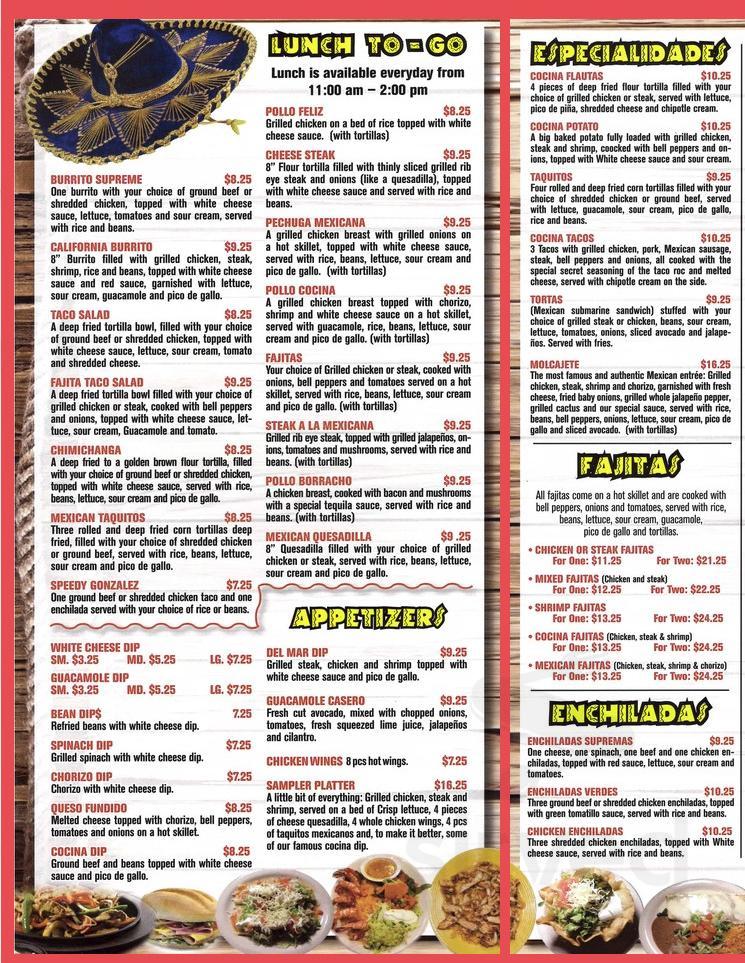 Cocina Mexicana Bar & Grill Millbranch Rd menus in Memphis, Tennessee ...