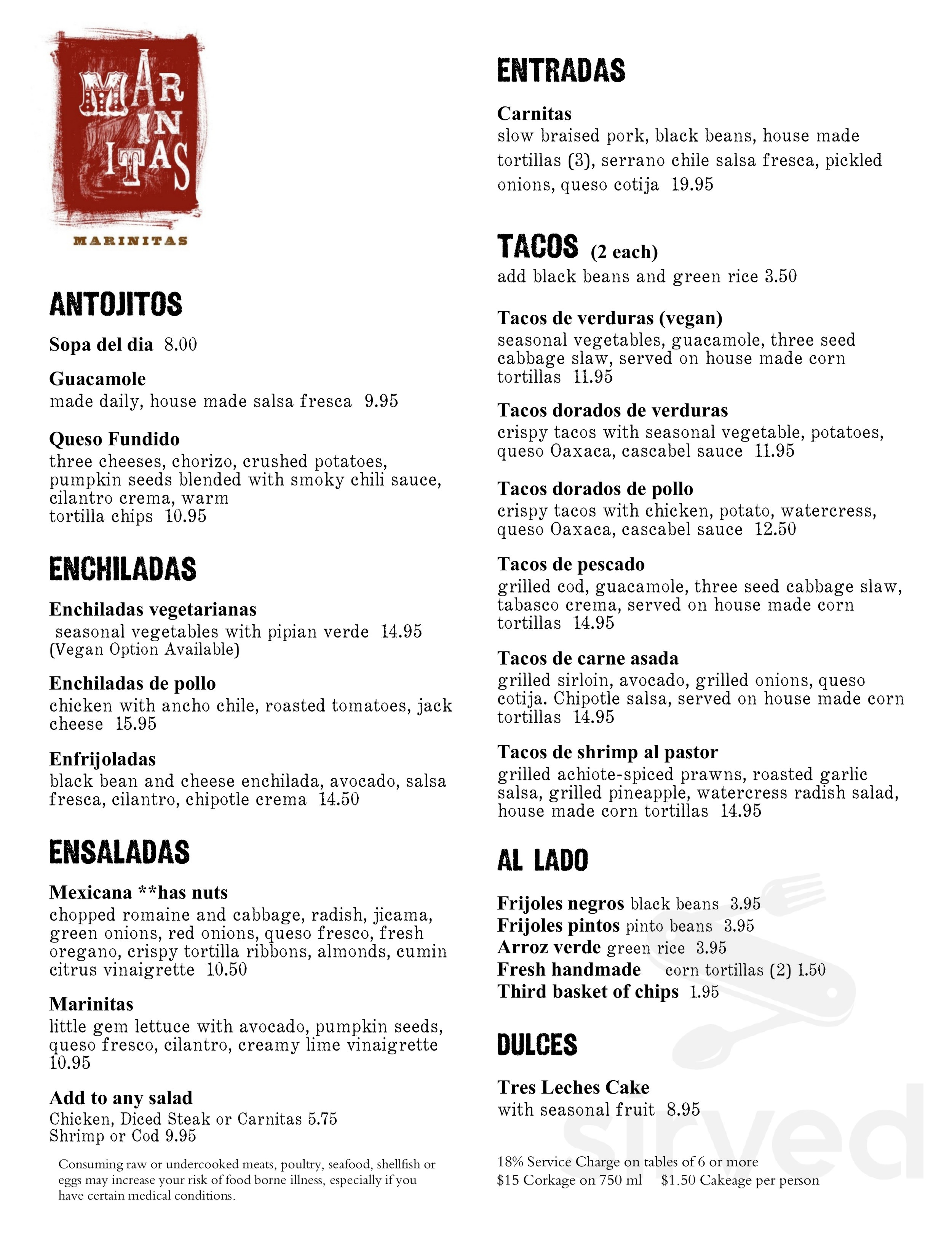 Marinitas menu in San Anselmo, California, USA