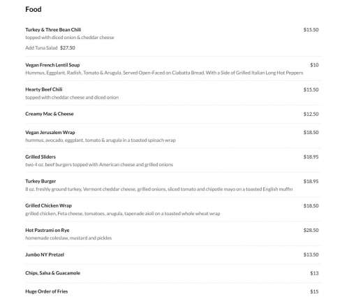 The Porch at Bryant Park menu in New York, New York, USA