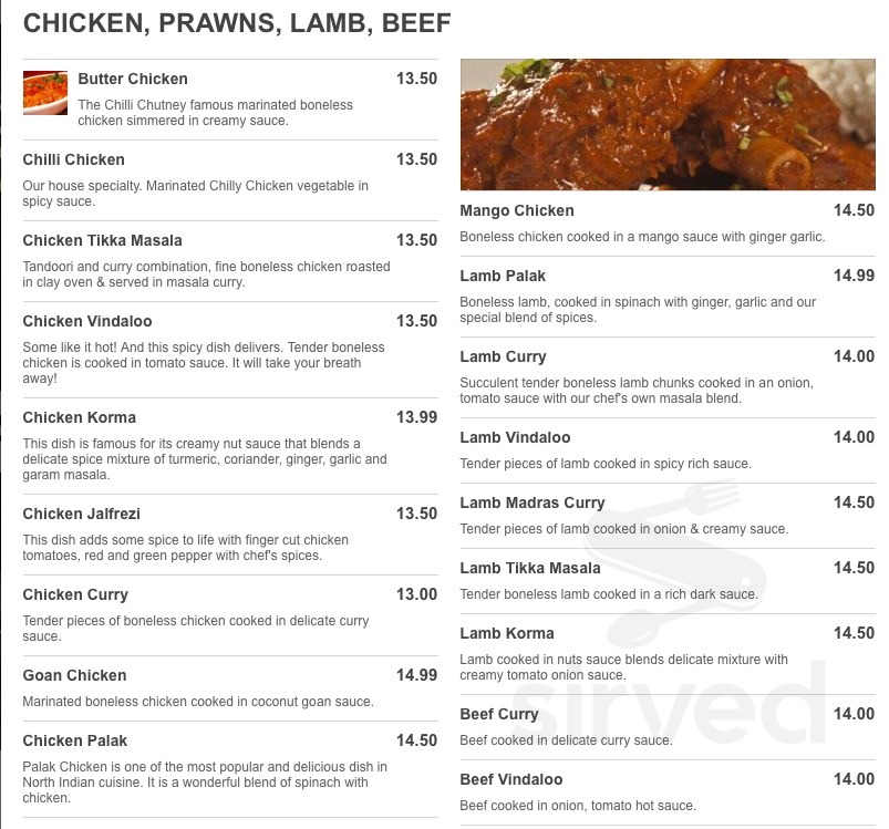 Chilli Chutney menu in Brandon, Manitoba, Canada