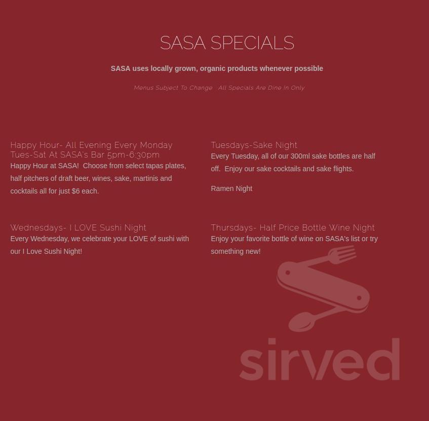 SASA menu in Cleveland, Ohio, USA