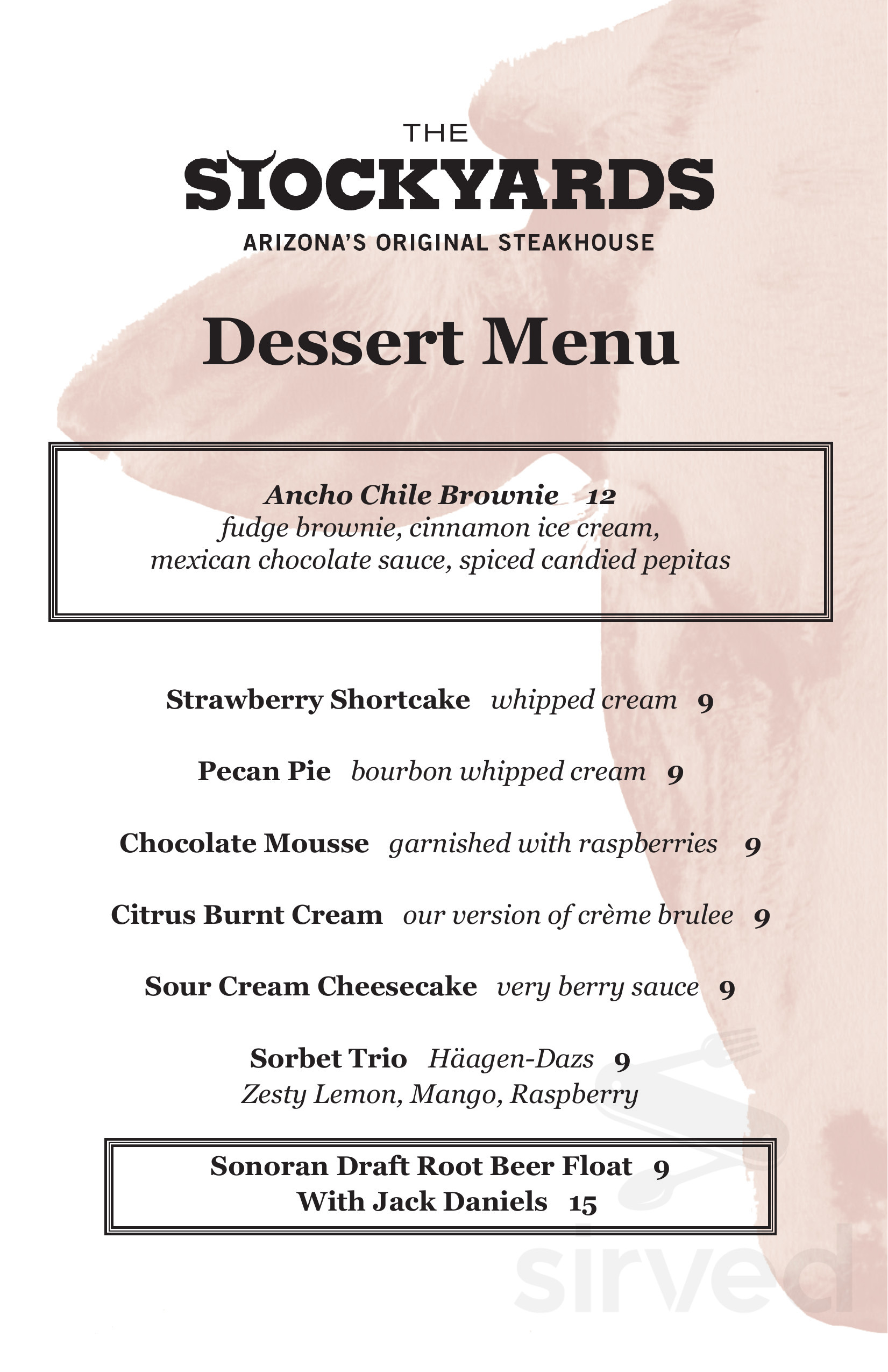 The Stockyards Steakhouse menu in Phoenix, Arizona, USA