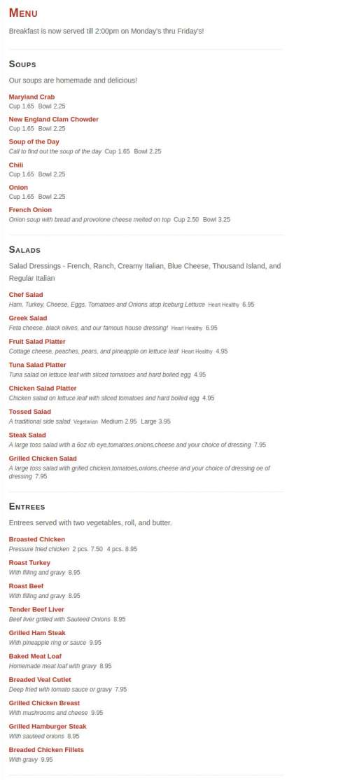 30 West Family Restaurant menu in Chambersburg, Pennsylvania, USA