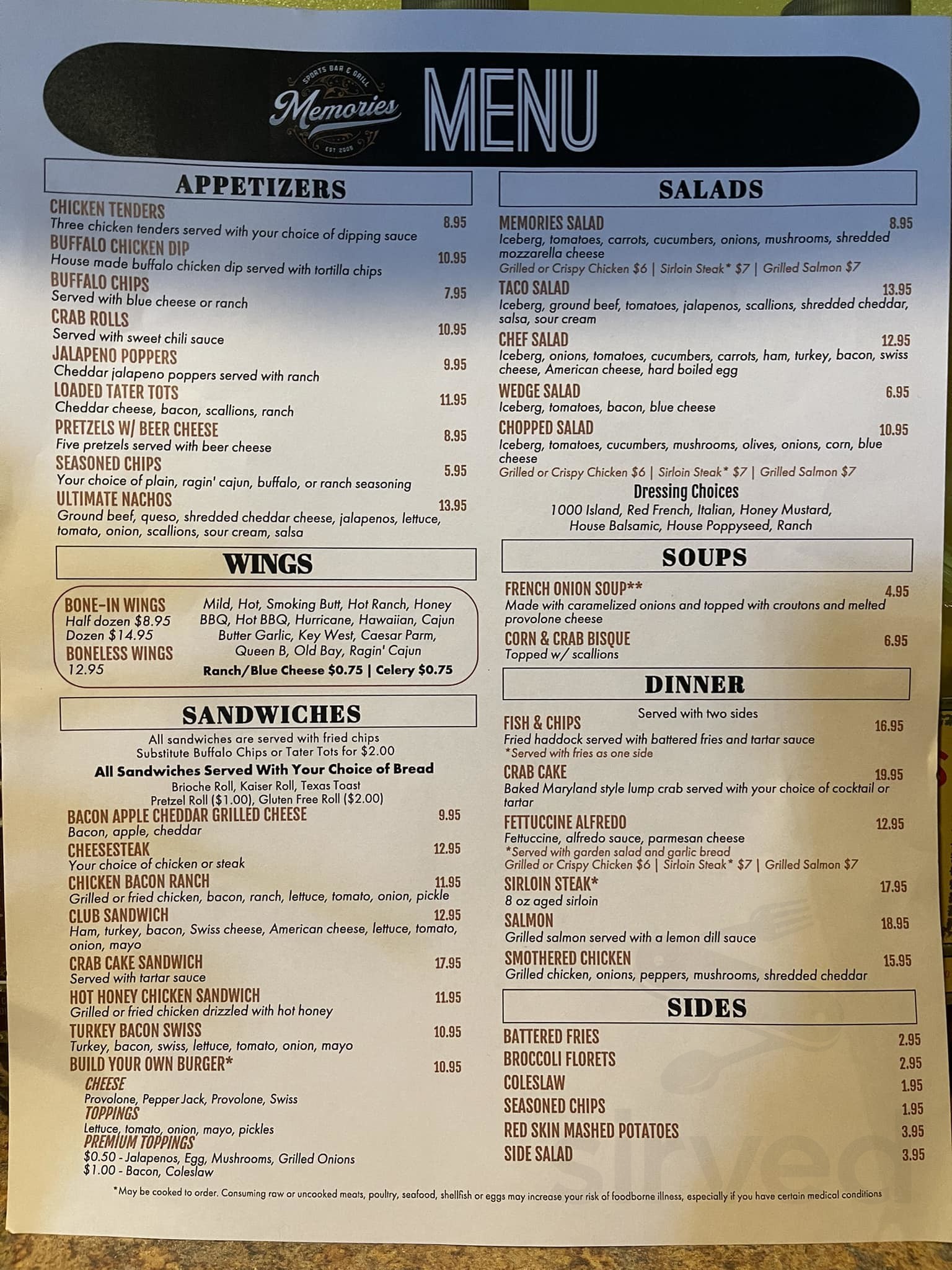 Memories Sports Bar Grill Menus In Huntingdon Pennsylvania United