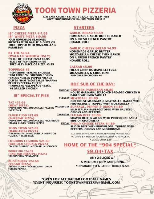 Toon Town Pizzeria menu in Jacksonville, Florida, USA