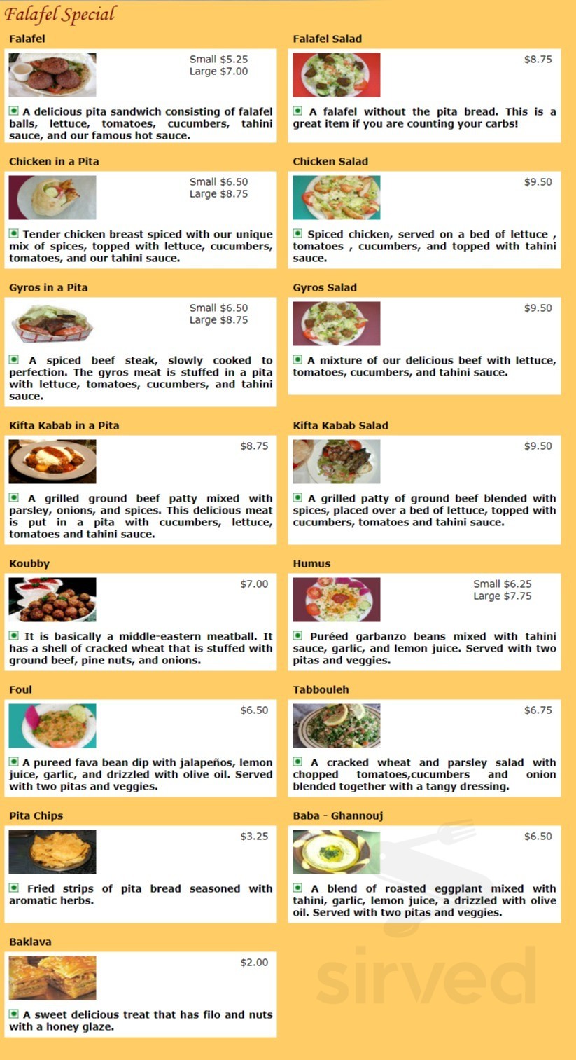 Falafel's Drive In menu in San Jose, California, USA