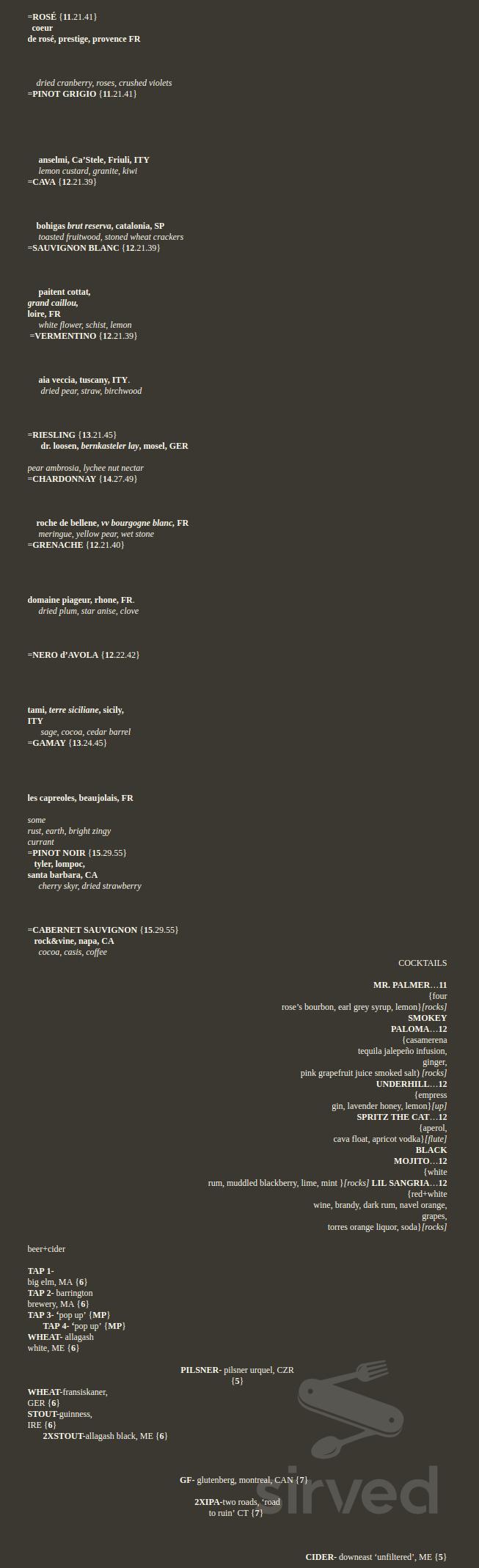Menu for Cafe Adam, Bar and Restaurant in Great Barrington, MA | Sirved