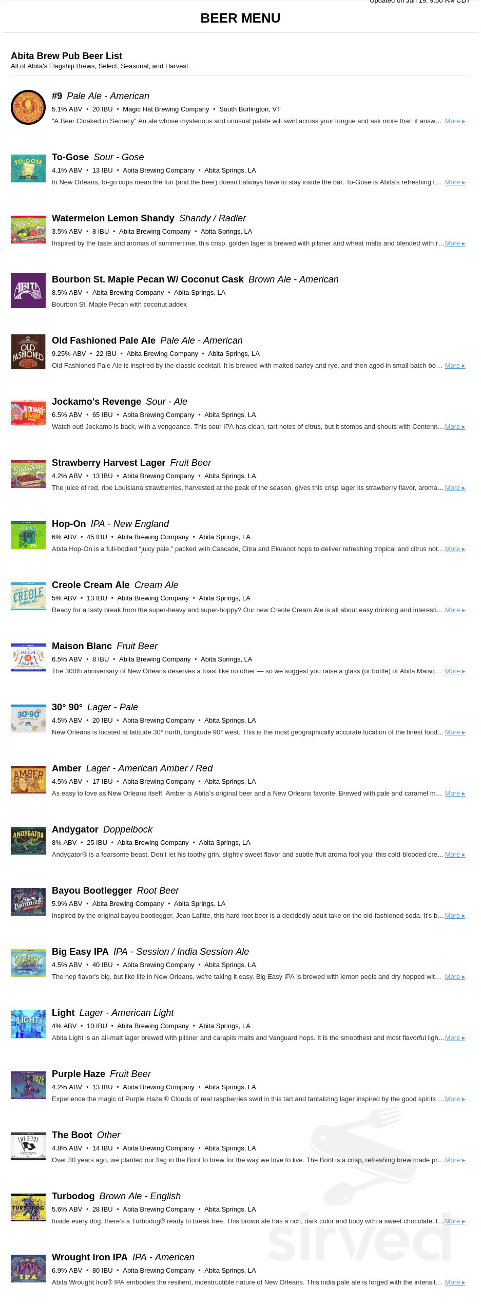 Abita Brew Pub menu in Abita Springs, Louisiana, USA