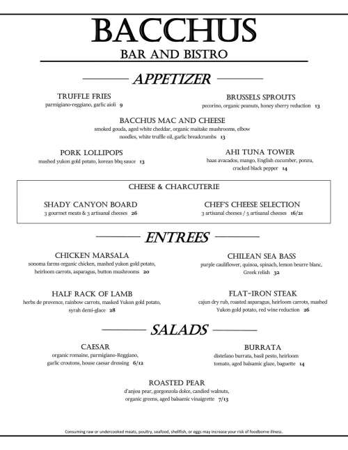 Bacchus Bar and Bistro menu in Irvine, California, USA