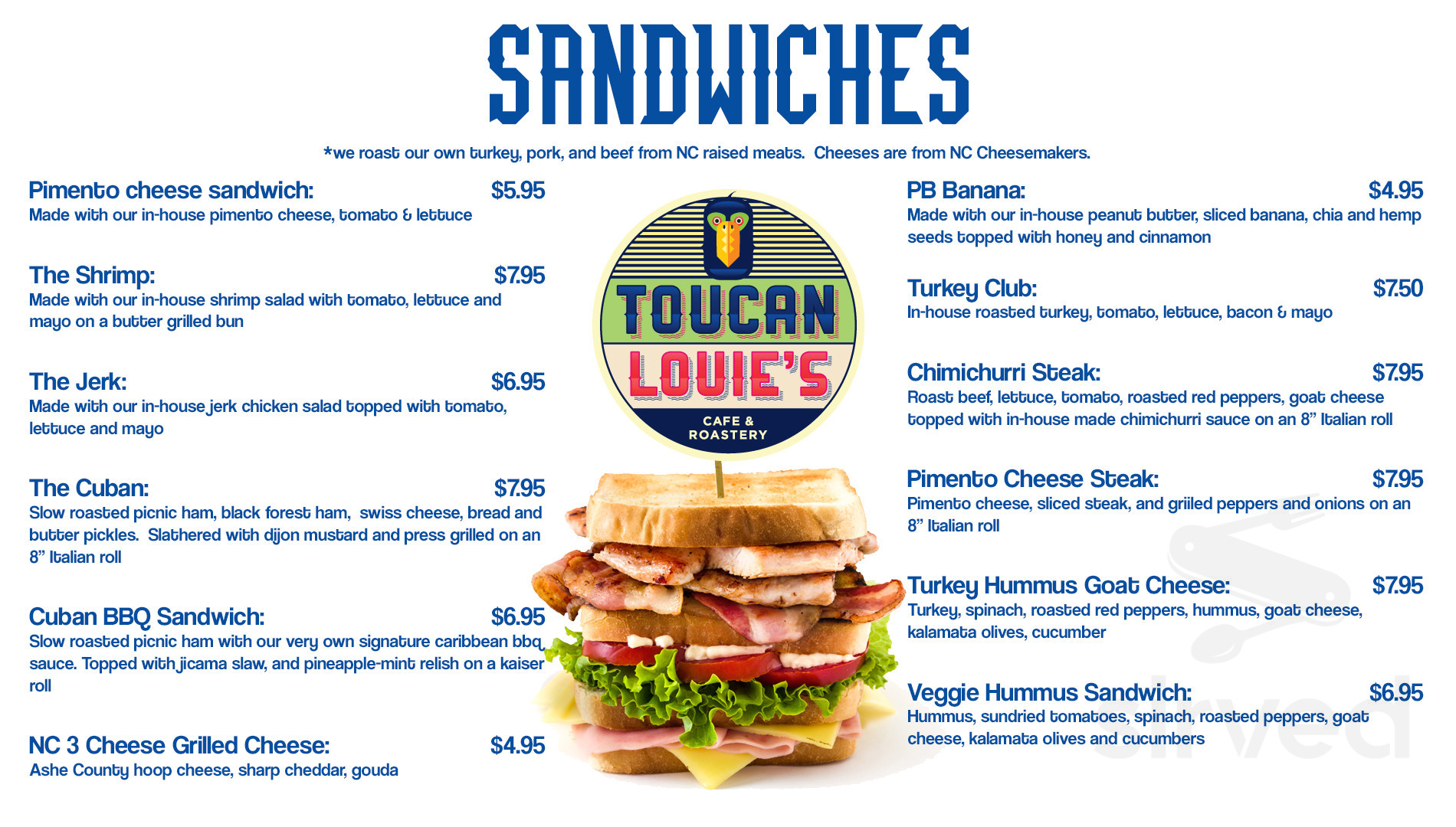 Toucan Louie's Cafe and Roastery menu in Charlotte, North Carolina, USA