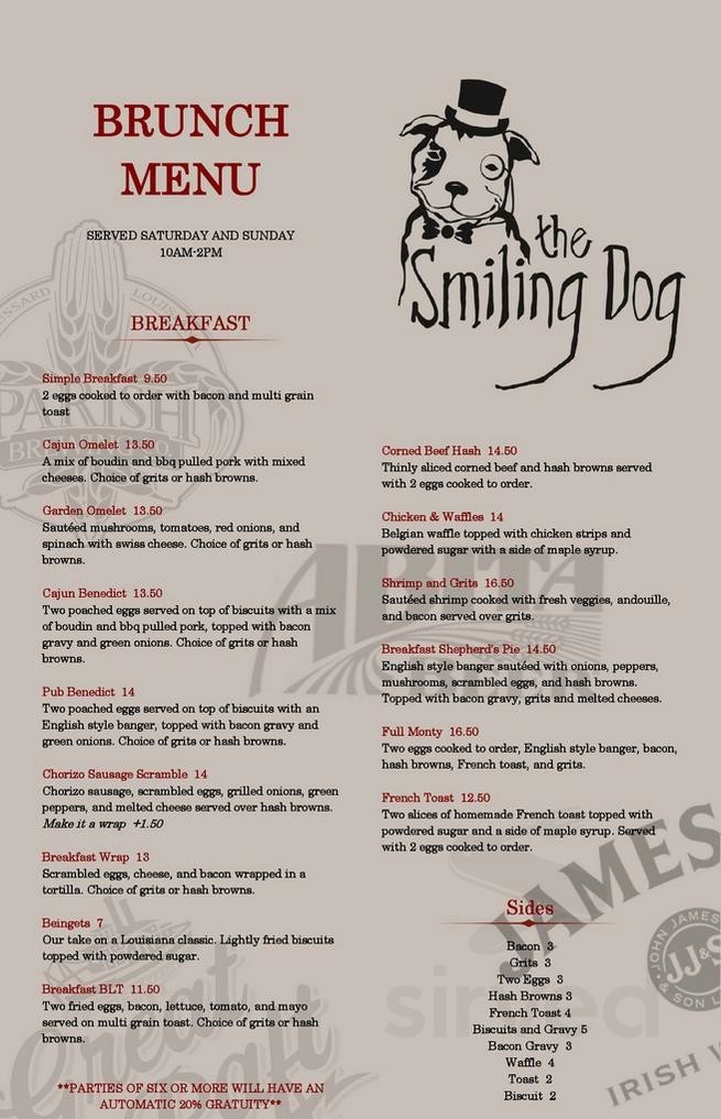 The Smiling Dog menu in Baton Rouge, Louisiana, USA
