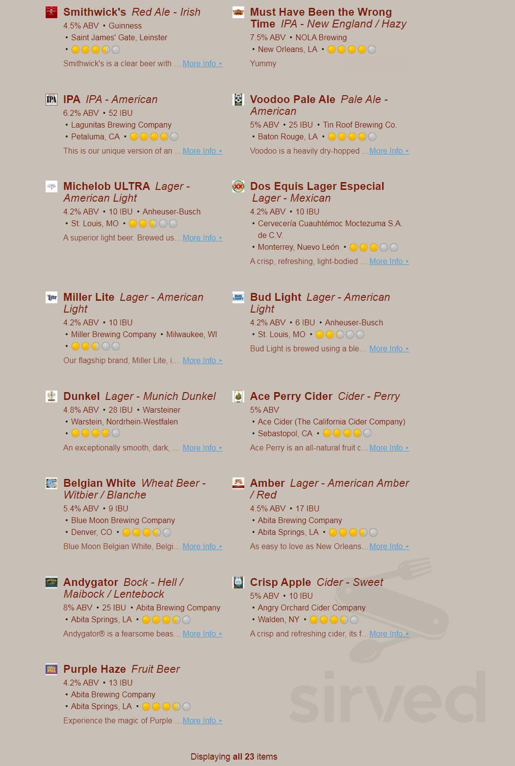 The Smiling Dog menu in Baton Rouge, Louisiana, USA