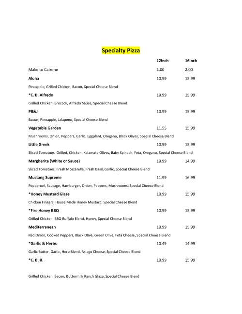 Mustang Pizza menu in Norwood, Massachusetts, USA