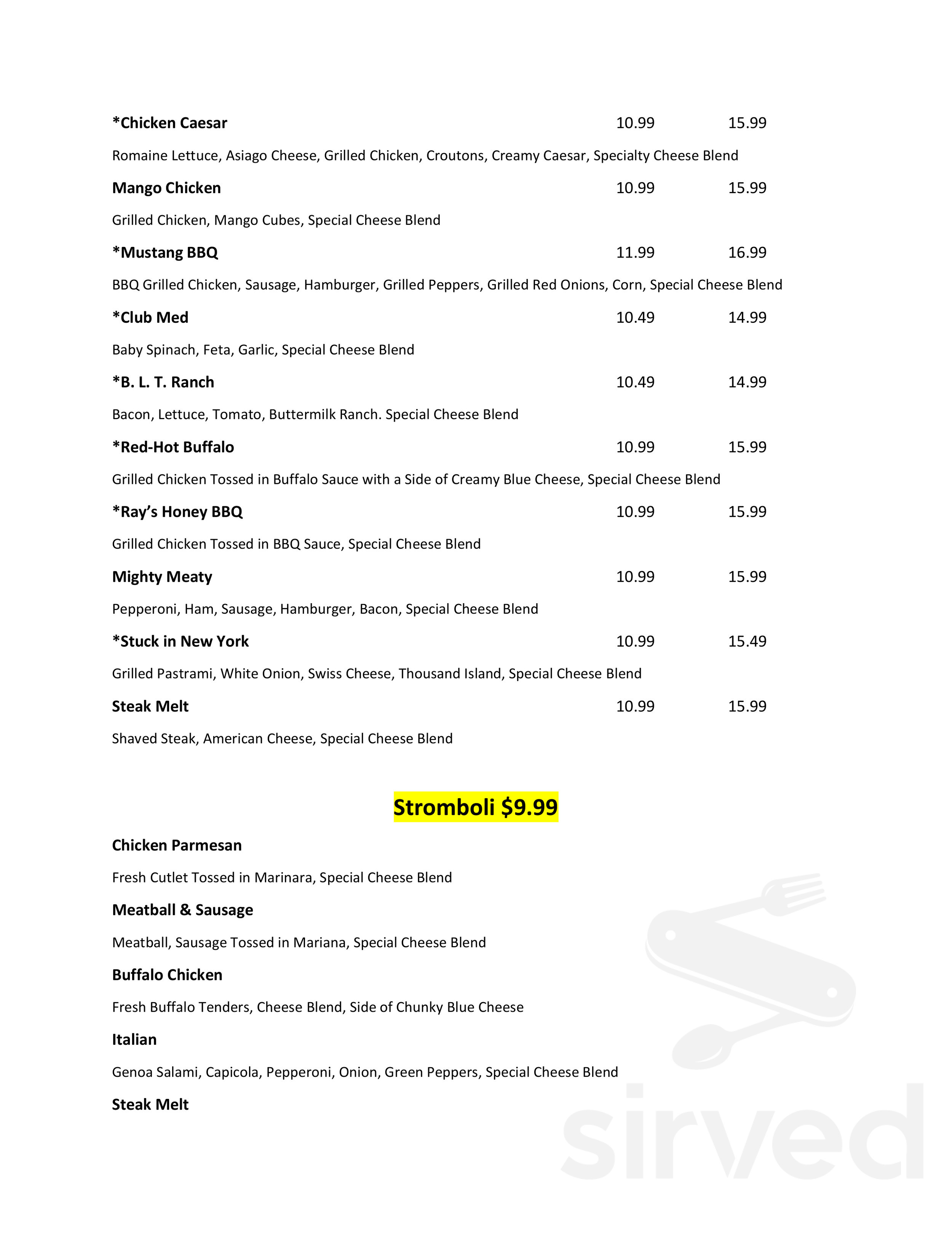 Mustang Pizza menu in Norwood, Massachusetts, USA