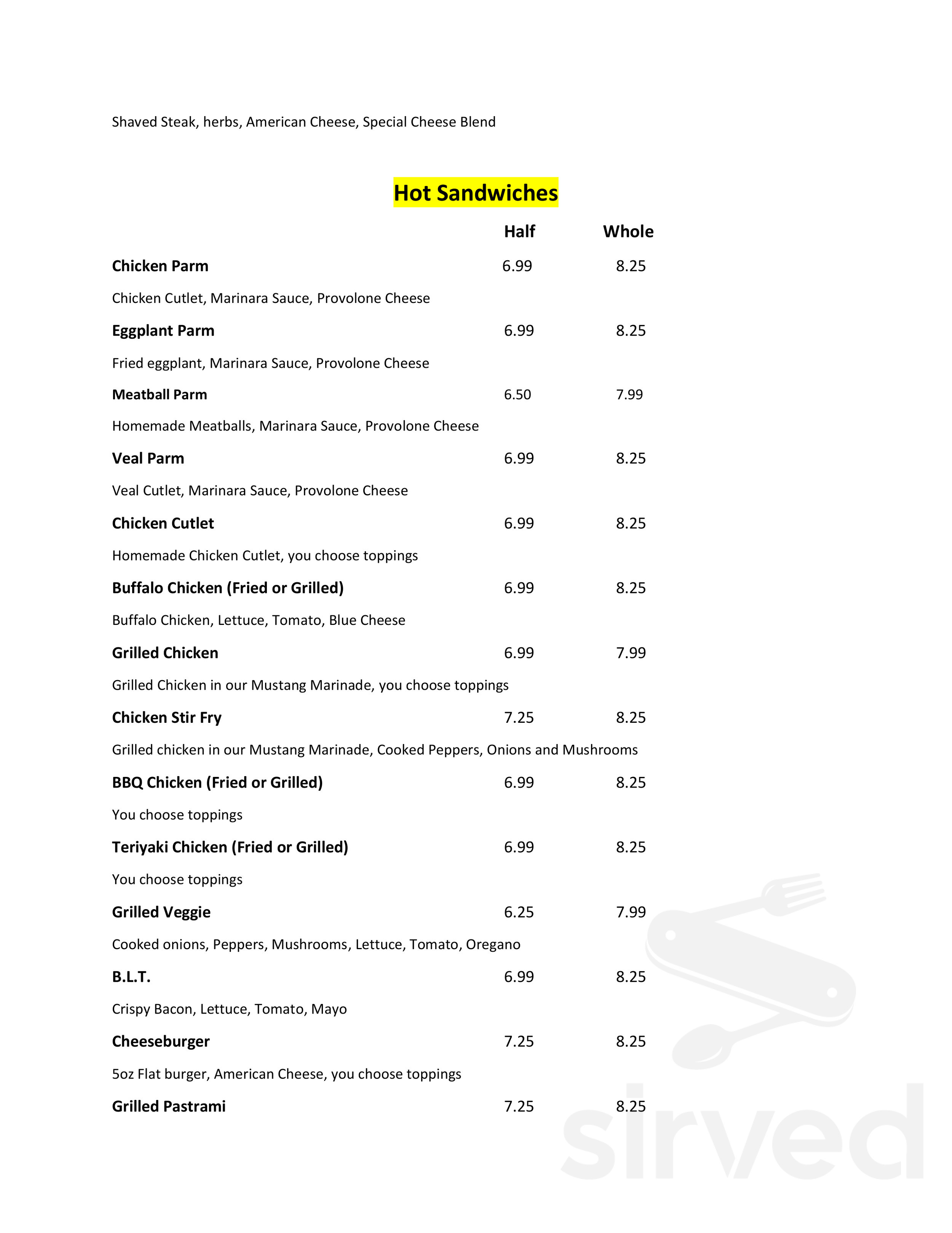 Mustang Pizza menu in Norwood, Massachusetts, USA