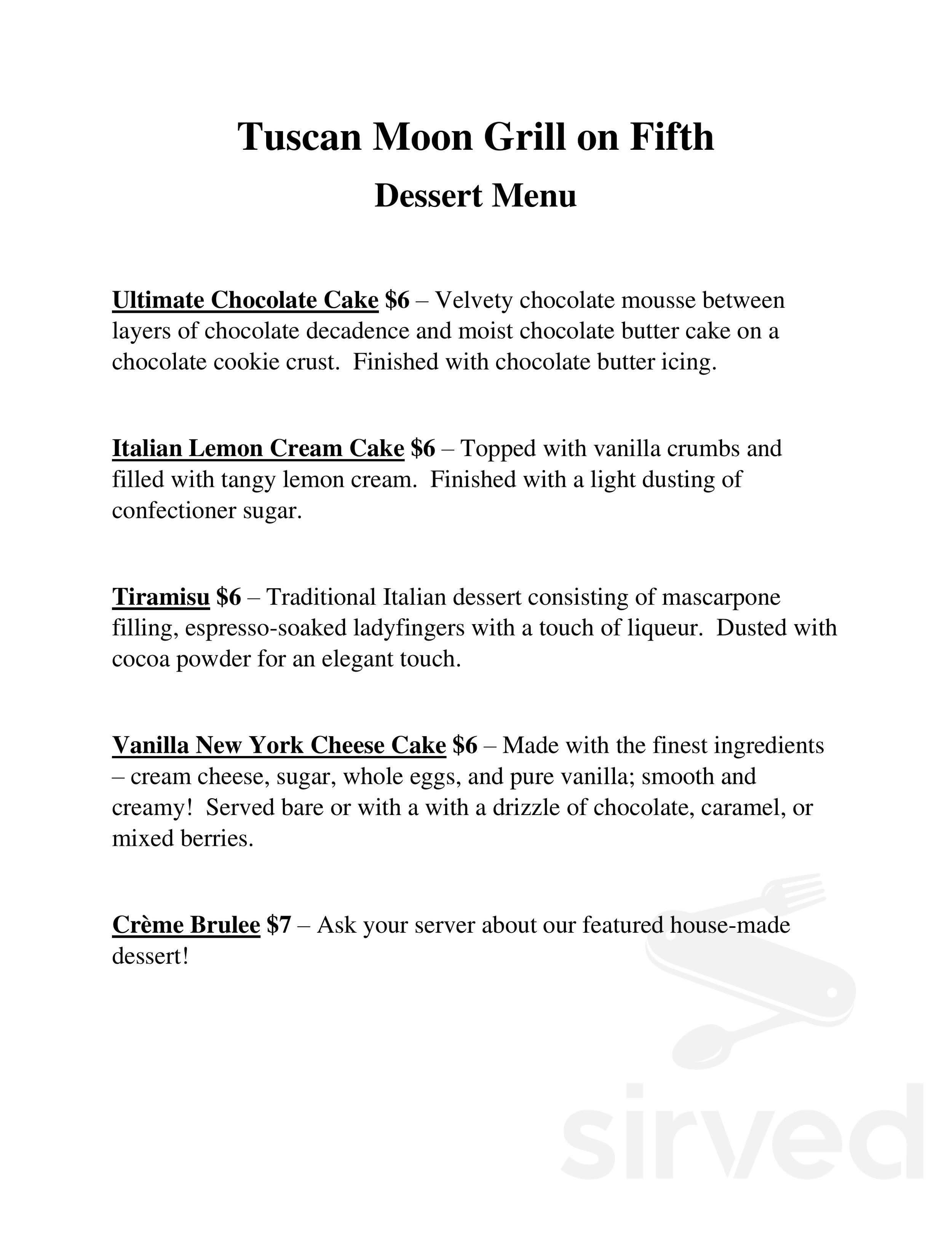 Tuscan Moon Grill on Fifth menu in Kalona, Iowa, USA