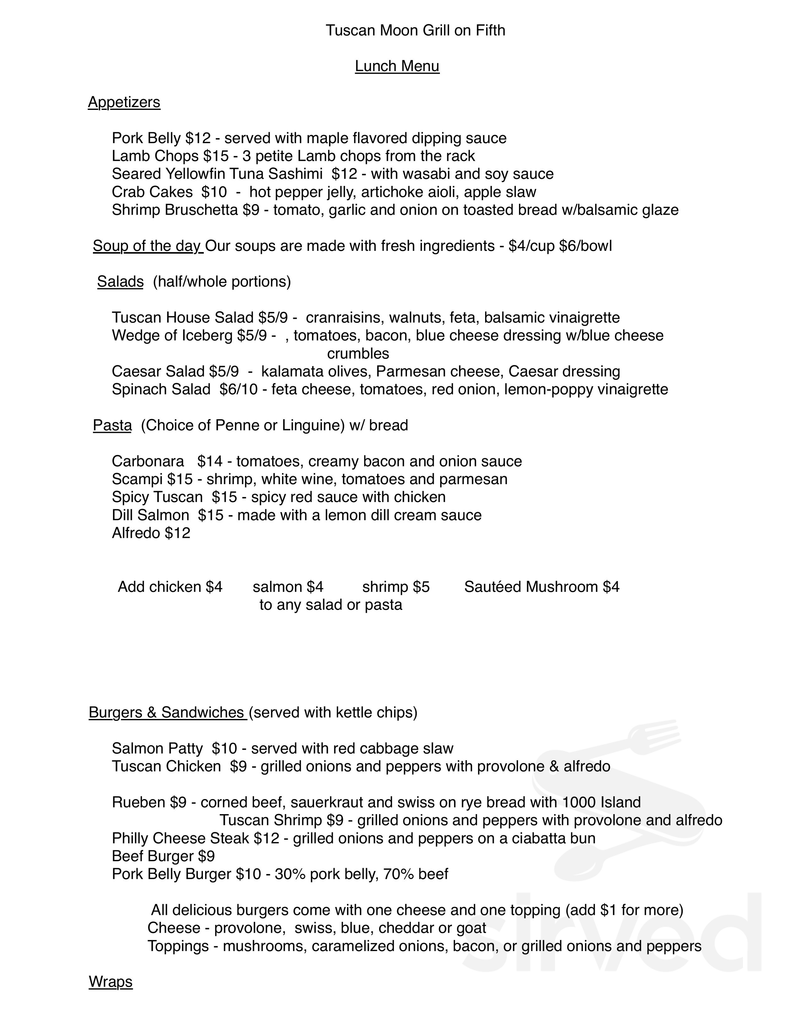 Tuscan Moon Grill on Fifth menu in Kalona, Iowa, USA