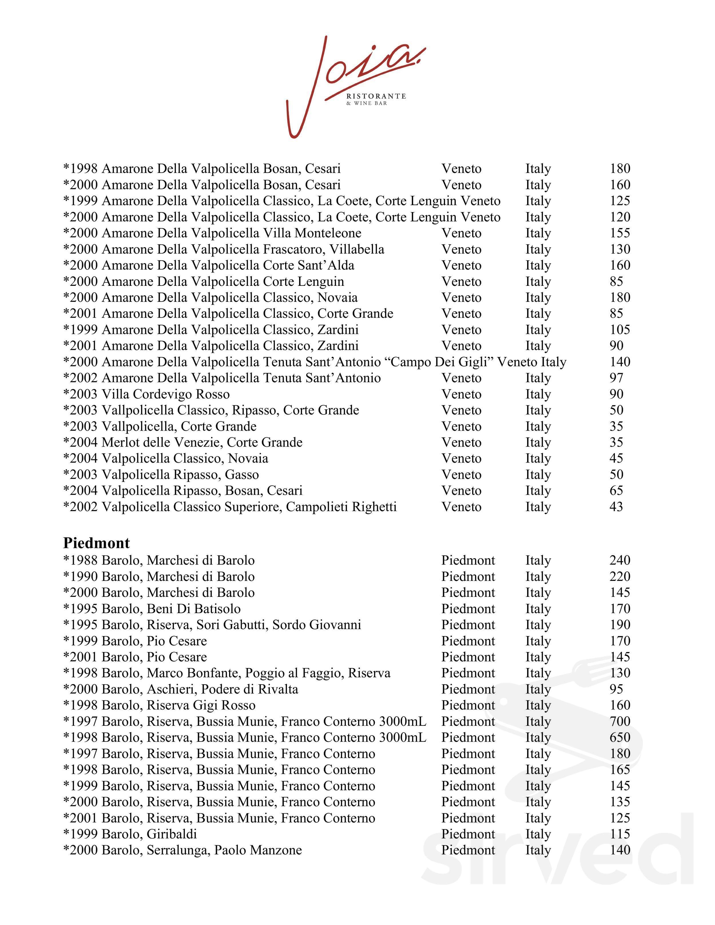 Joia Ristorante menu in Aurora, Ontario, Canada