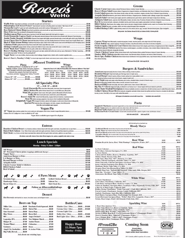 Rocco's WeHo menu in West Hollywood, California, USA