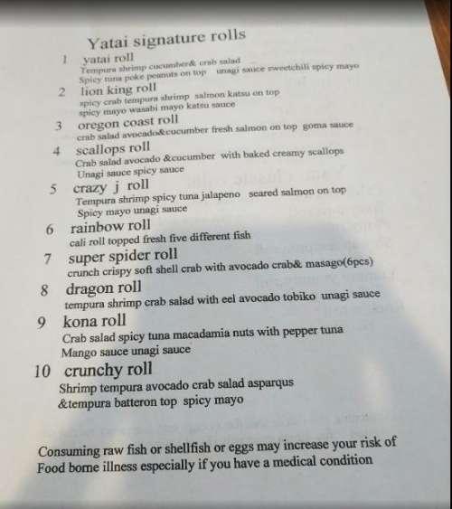 Yatai sushi menu in Lincoln City, Oregon, USA