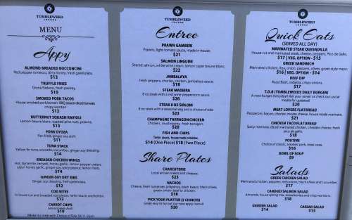 Tumbleweed Lounge menu in Kamloops, British Columbia, Canada